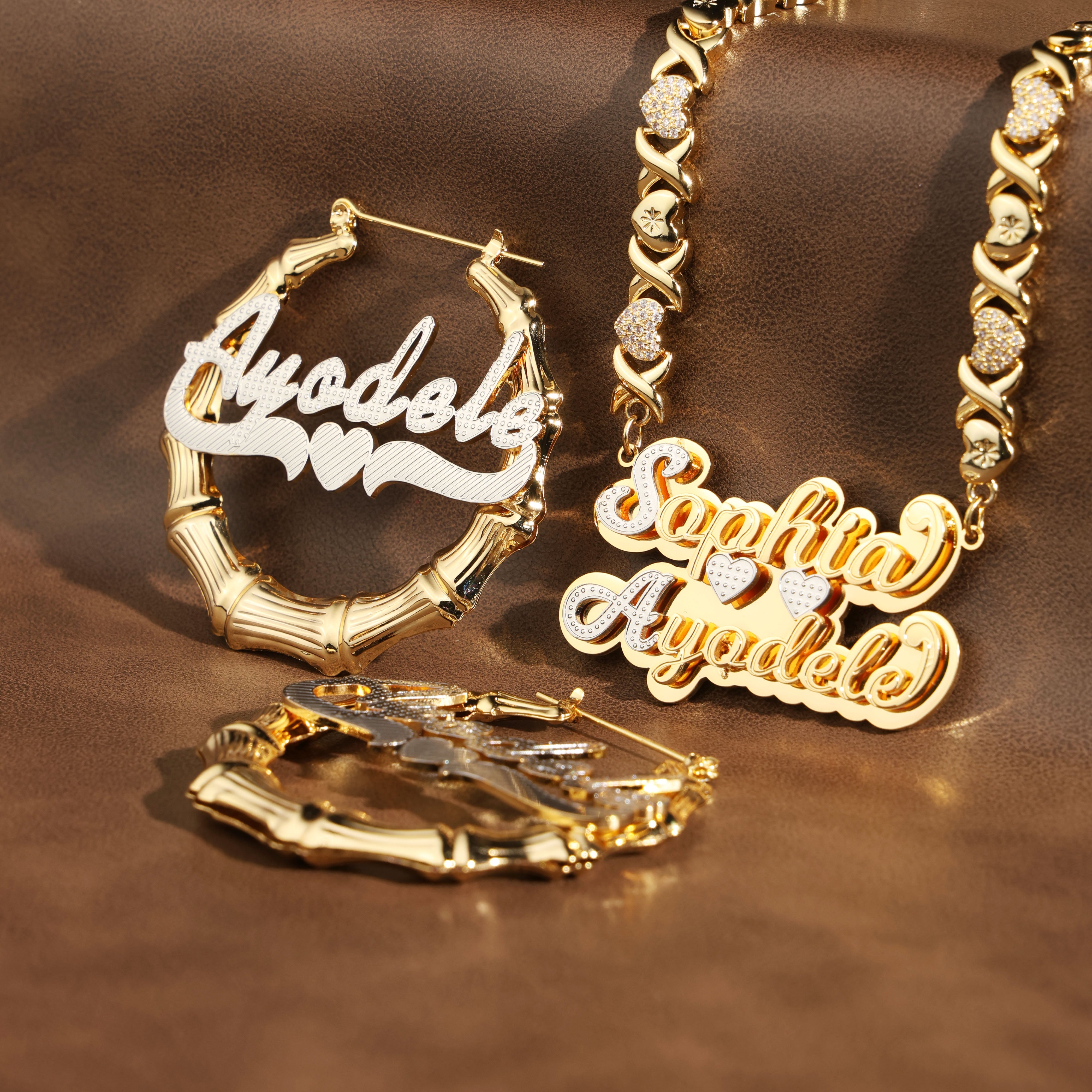 Custom Name Gold Set - Double Heart Design – iceyqueen